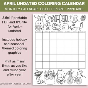April Coloring Calendar Undated Printable, Monthly Colorable Calendar ...