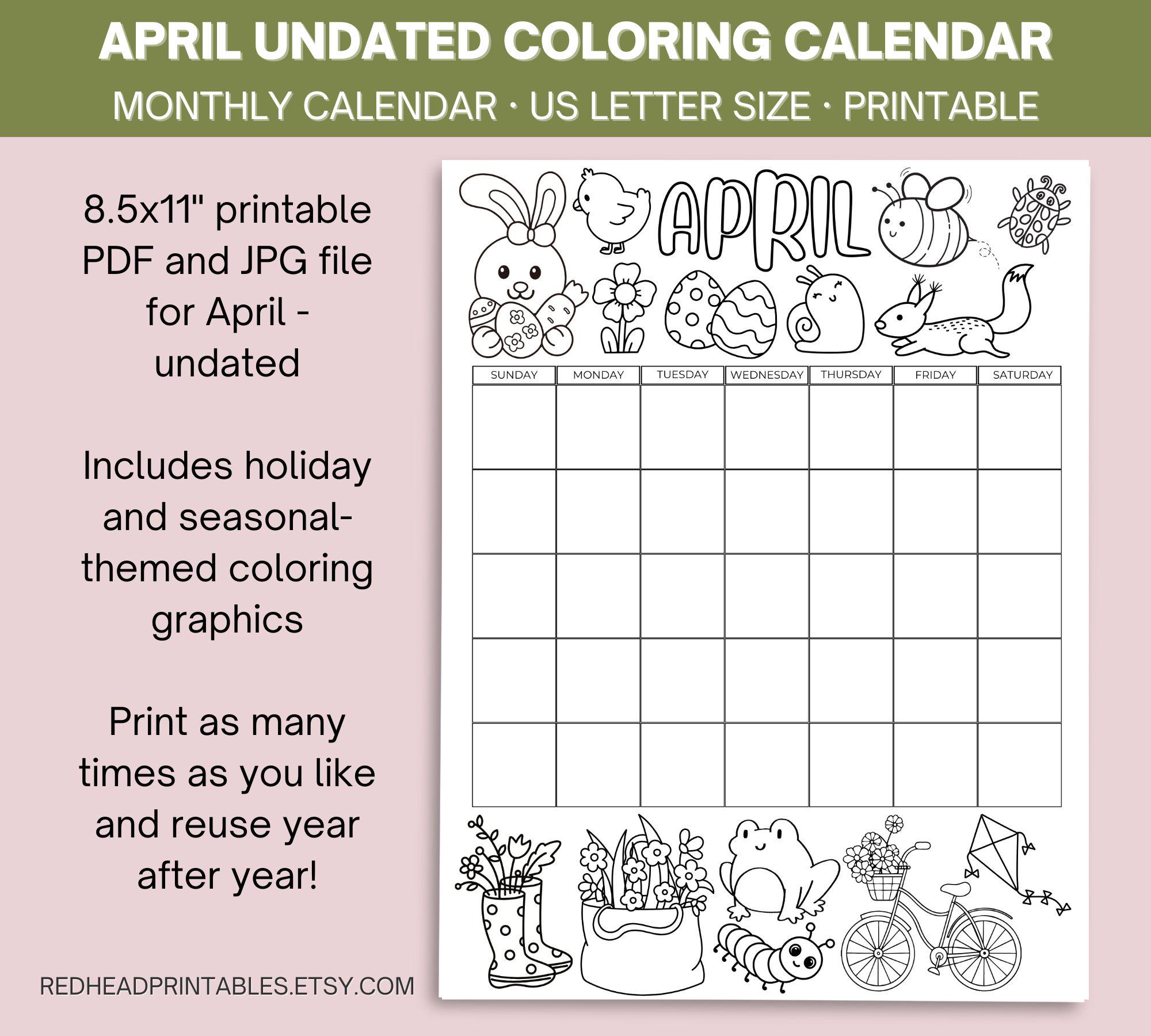 April Coloring Calendar Undated Printable, Monthly Colorable Calendar ...