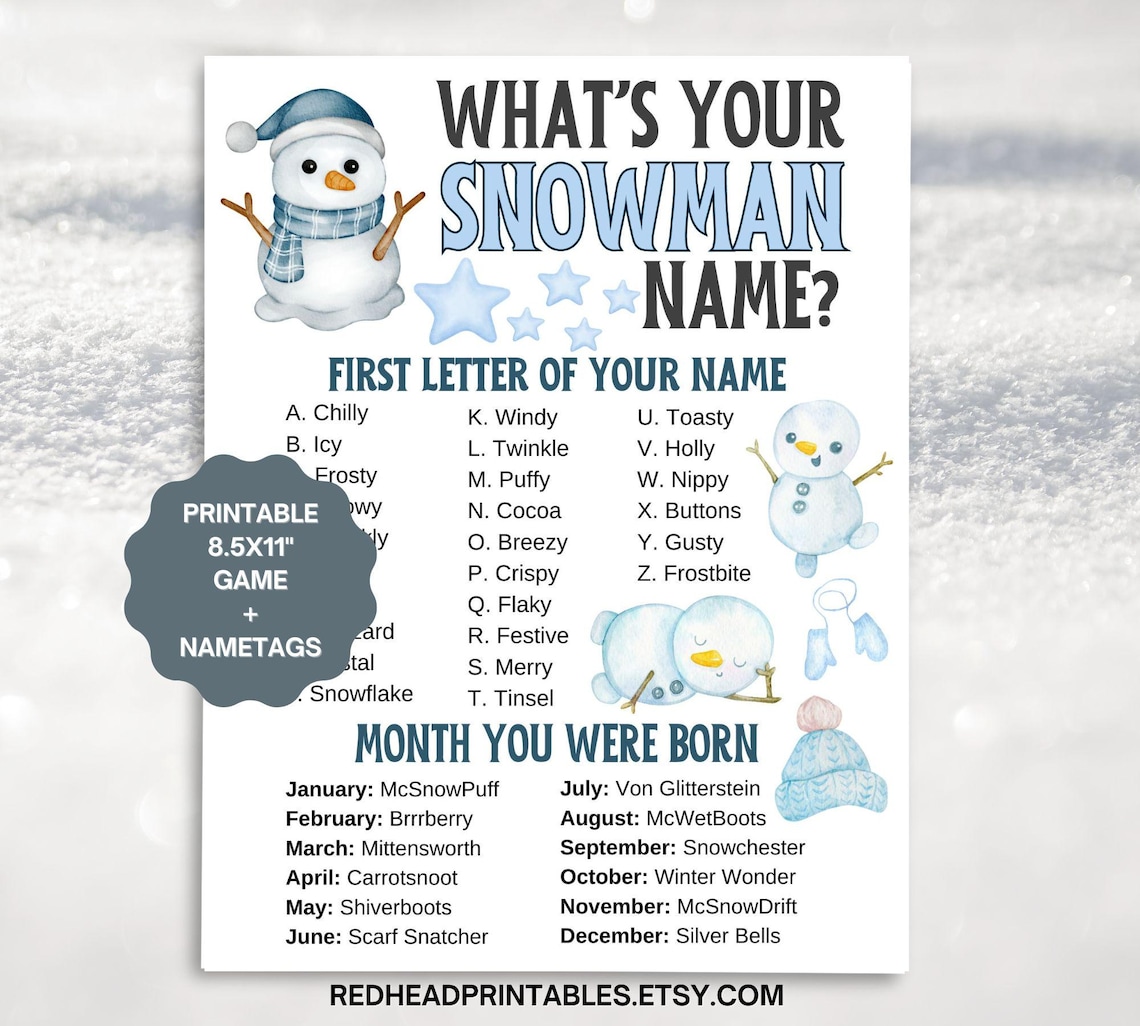 Whats Your Snowman Name Printable Game, Christmas Printable Game ...