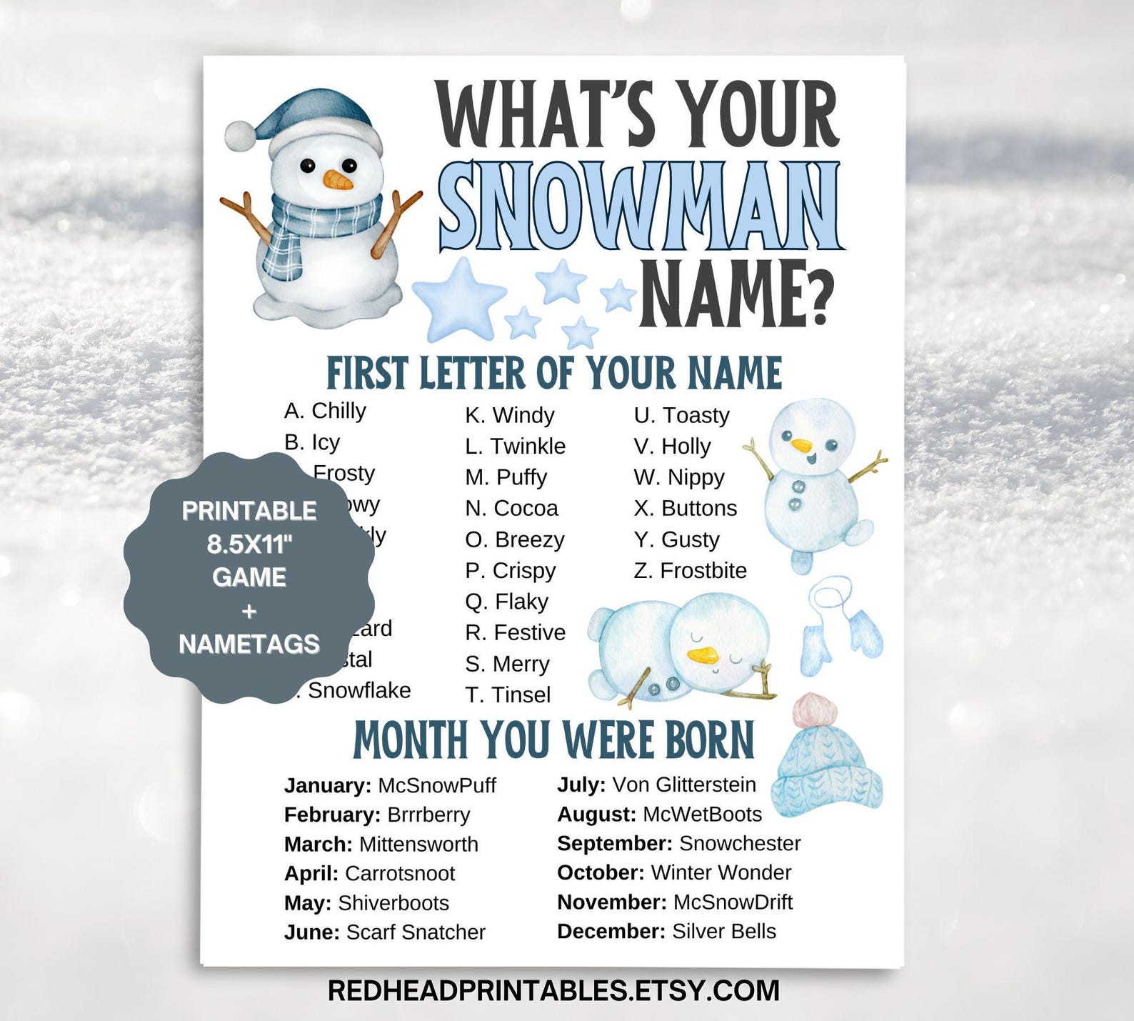Whats Your Snowman Name Printable Game, Christmas Printable Game ...