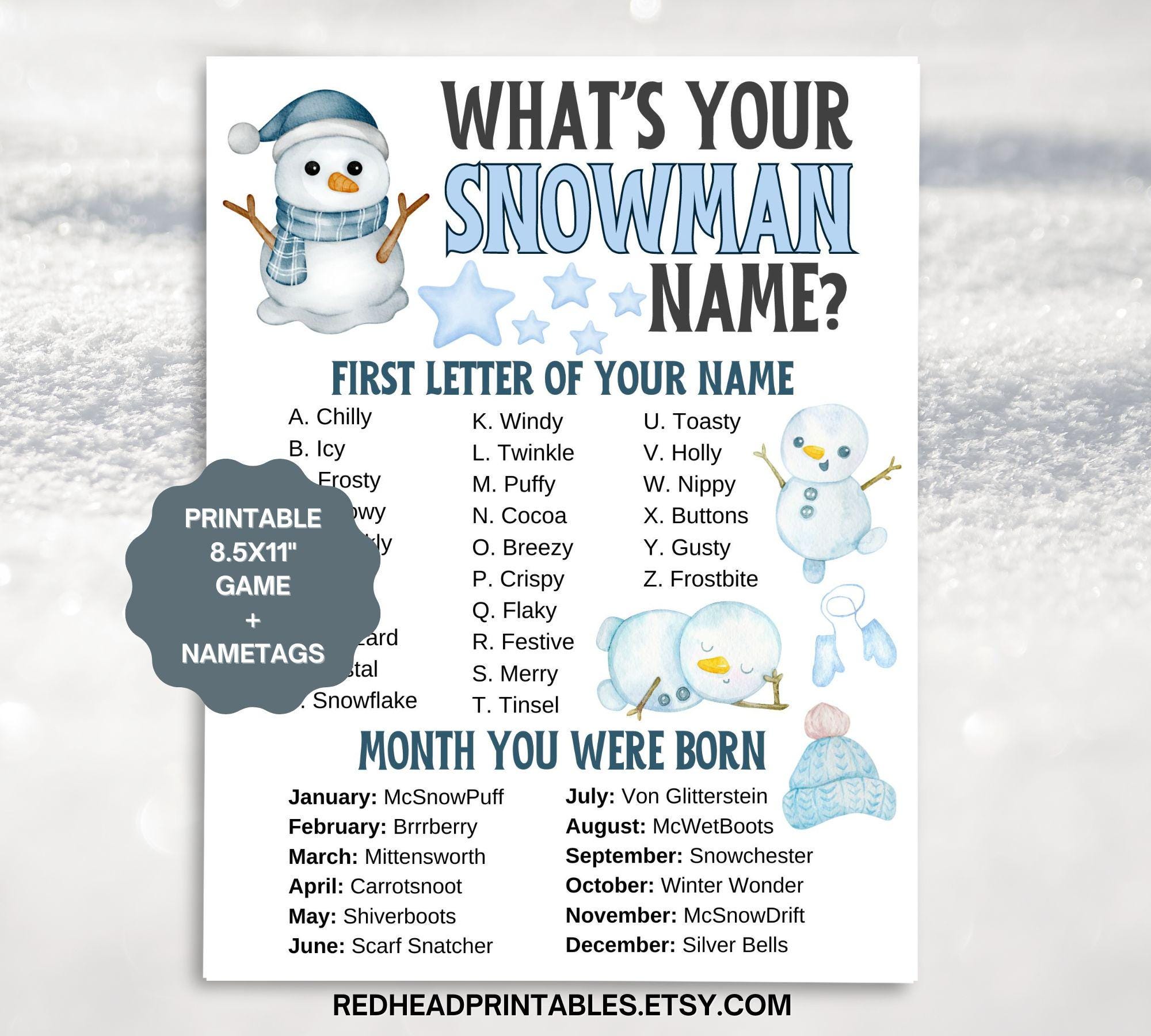 Whats Your Snowman Name Printable Game, Christmas Printable Game ...