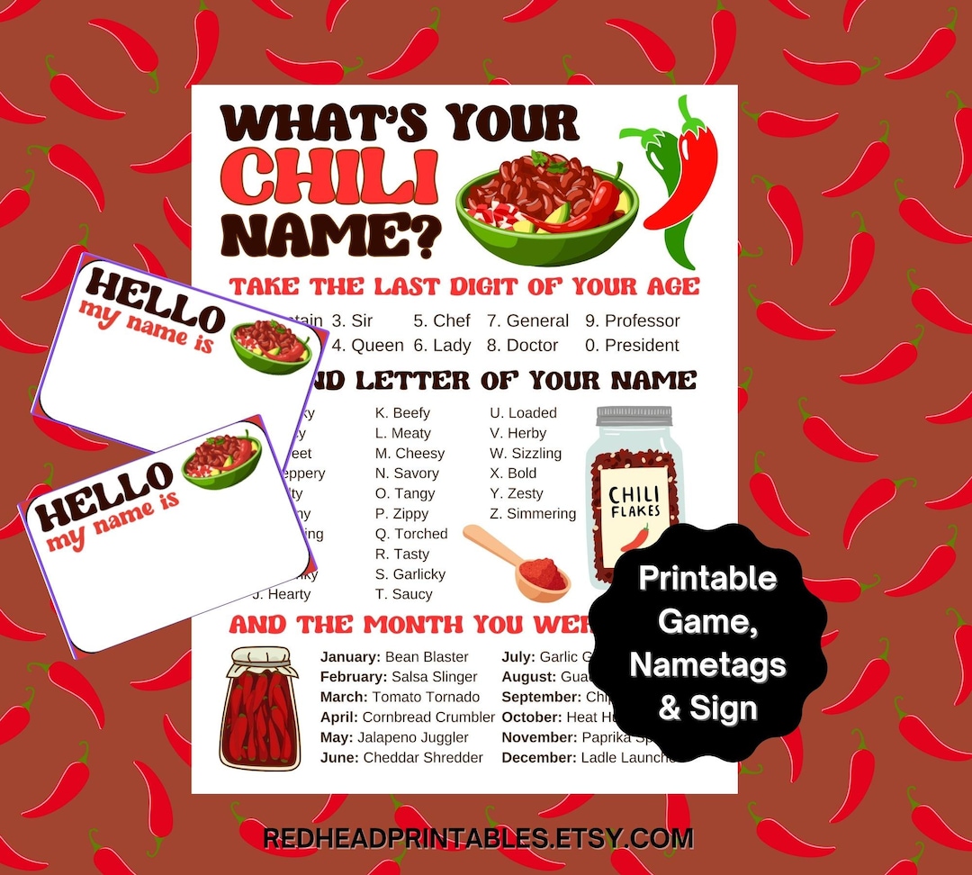 Whats Your Chili Name Game, Printable Chili Cookoff Game, Fun Family ...