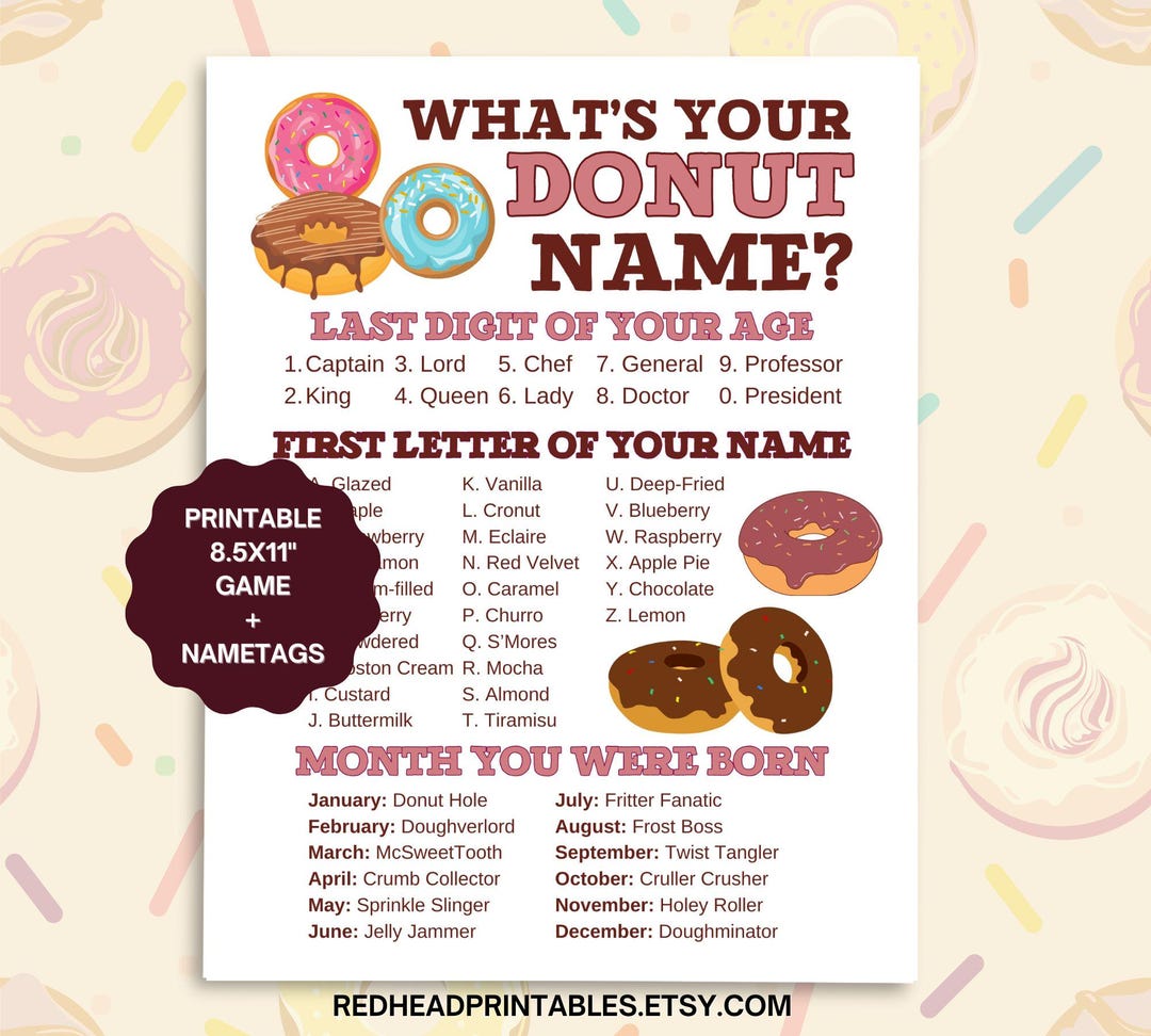 Whats Your Donut Name Game, Donut Party Game Printable, Donut Sign ...