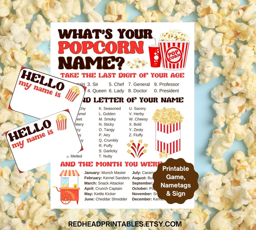 Whats Your Popcorn Name Game Printable With Nametags and Sign, Popcorn ...