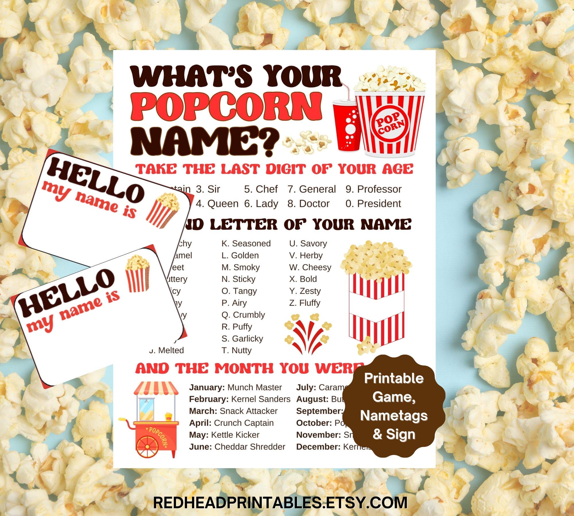Whats Your Popcorn Name Game Printable With Nametags and Sign, Popcorn ...