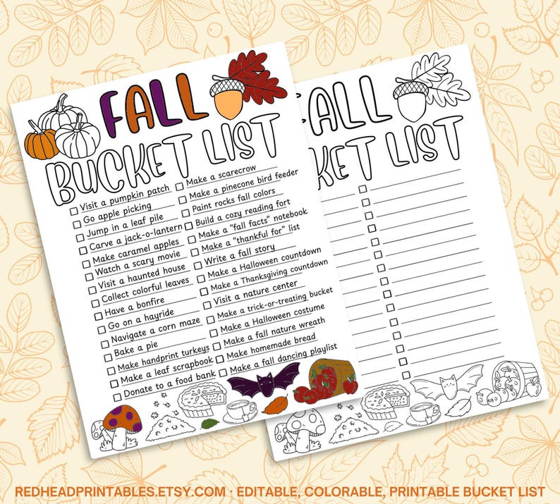 Fall Bucket List Printable Coloring Page, Autumn Bucket List for Kids ...