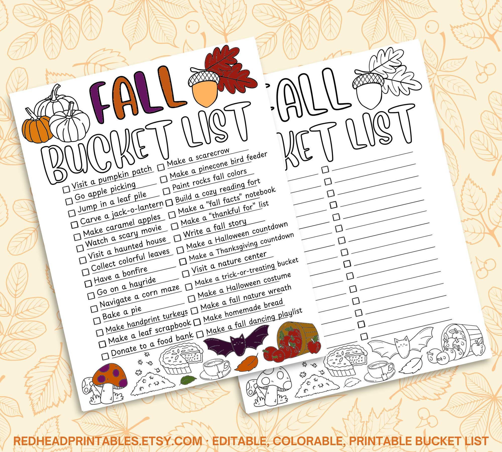 Fall Bucket List Printable Coloring Page, Autumn Bucket List for Kids ...