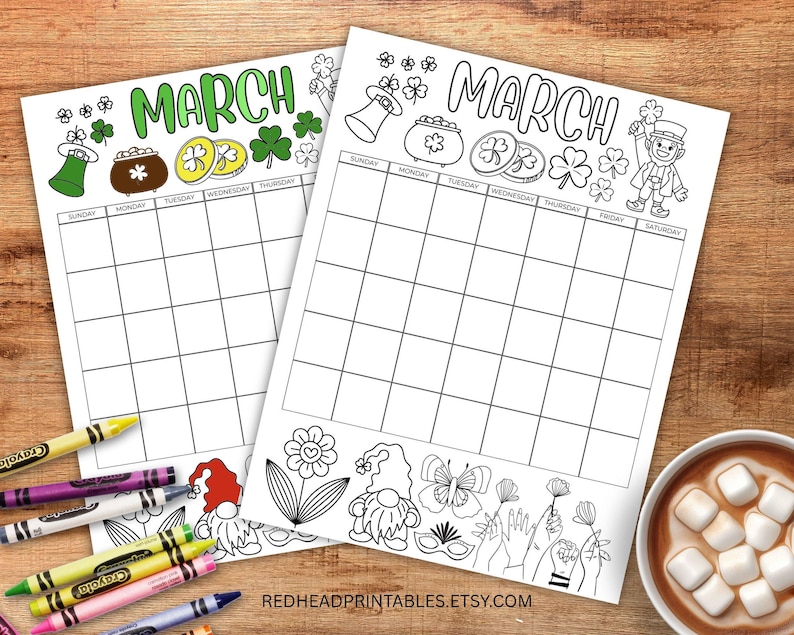 March Coloring Calendar Page, Printable Coloring Calendar, St Patricks ...