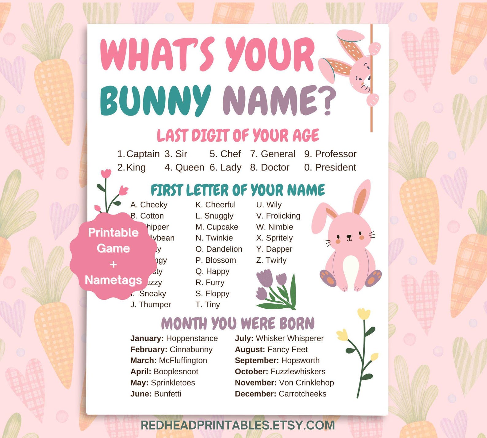 Whats Your Bunny Name Game Printable, Easter Game for Family, Kids ...