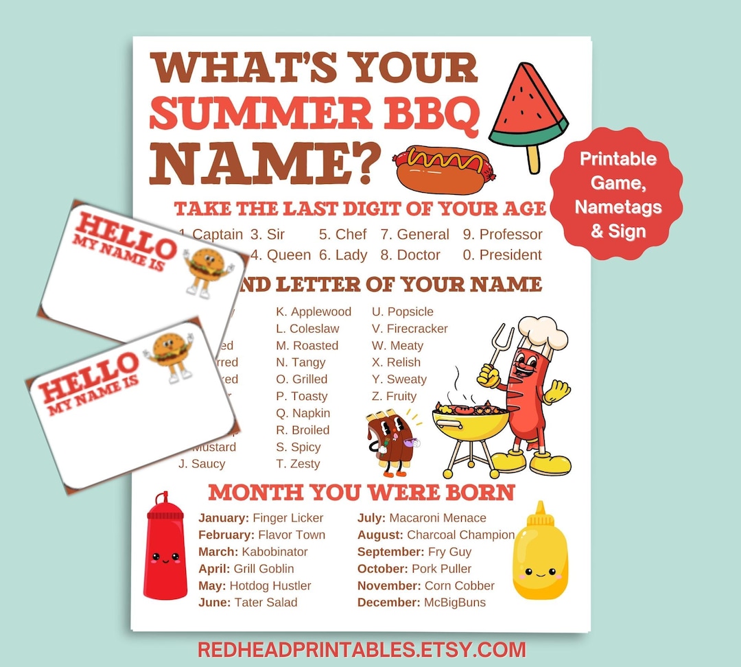 Whats Your Summer BBQ Name Game Printable Family Summer Game, Barbecue ...