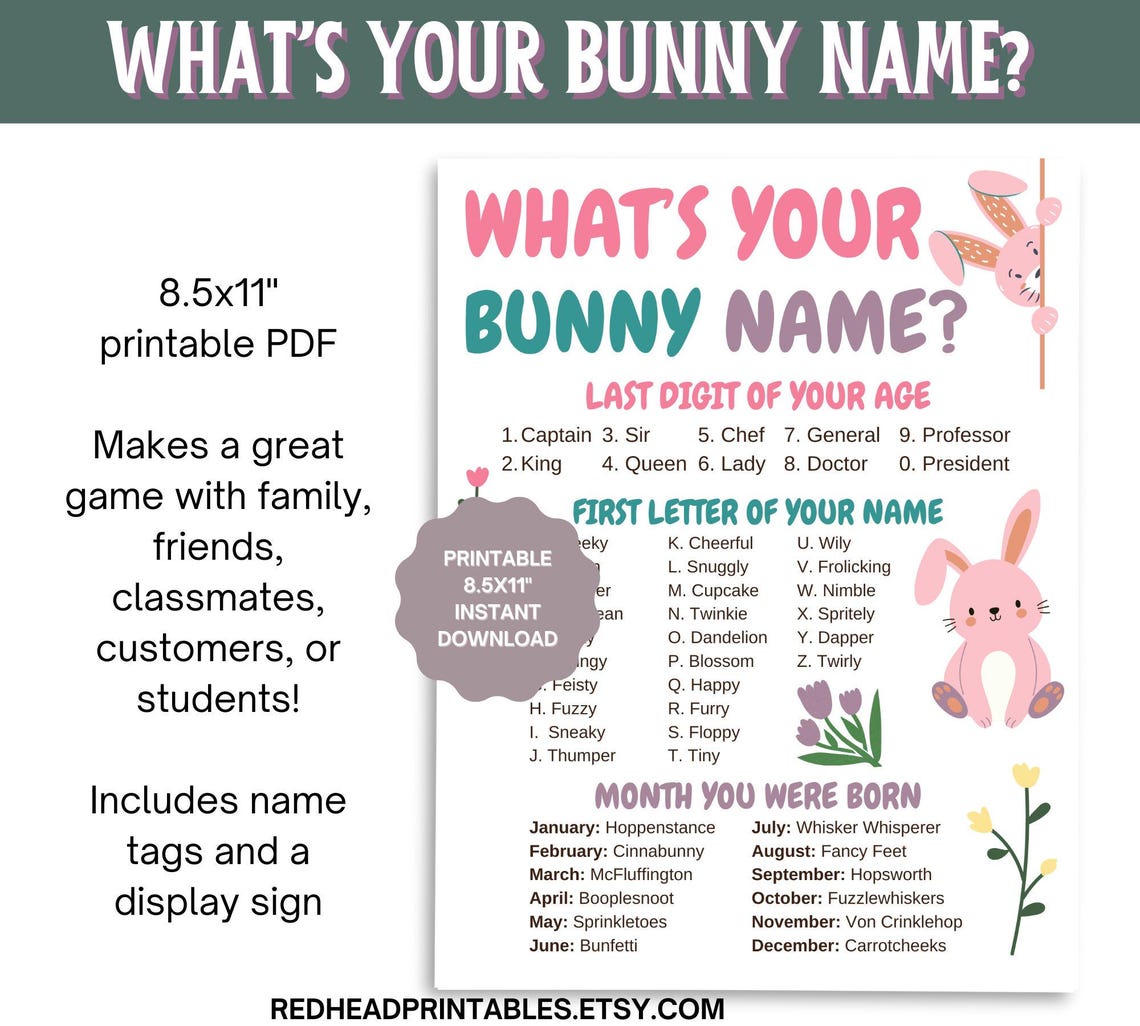 Whats Your Bunny Name Game Printable, Easter Game for Family, Kids ...