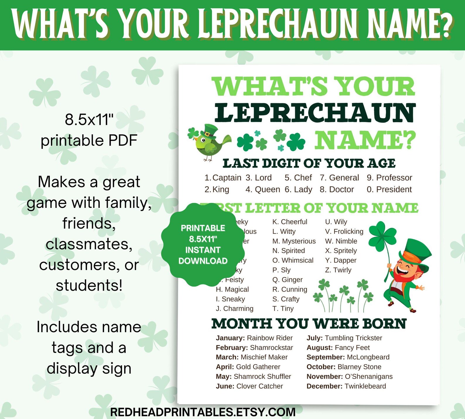 Whats Your Leprechaun Name Game Printable, St Patricks Day Game, Irish ...