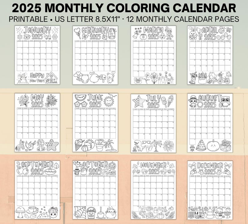 2025 Coloring Calendar 12 Month Bundle, Monthly 2025 Colorable Calendar ...