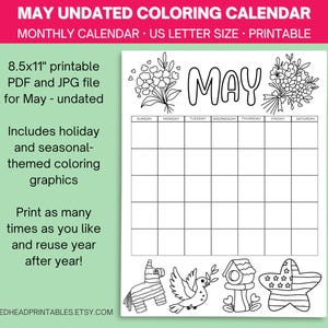 May Undated Coloring Calendar Printable, Monthly Colorable Calendar ...