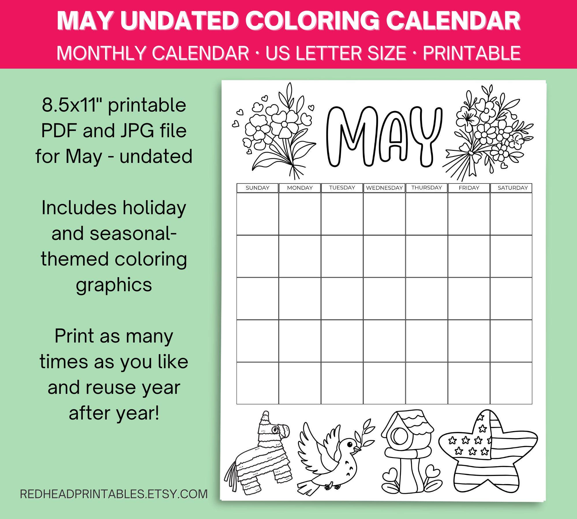 May Undated Coloring Calendar Printable, Monthly Colorable Calendar ...