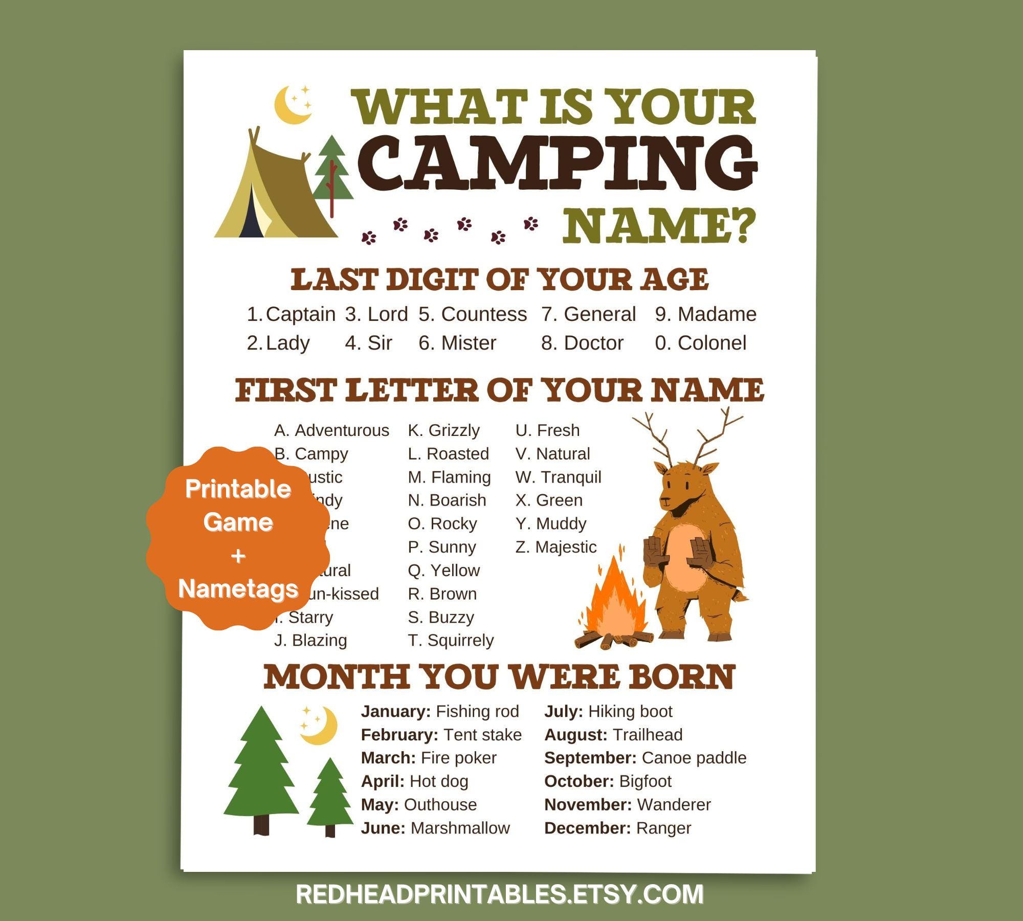Camping Game Printable, Camping Name Game, Kids Camping Activity, Fun ...