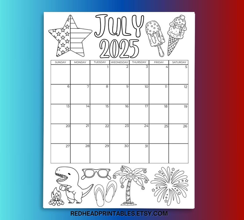 July 2025 Coloring Calendar Printable, Fourth of July Colorable ...