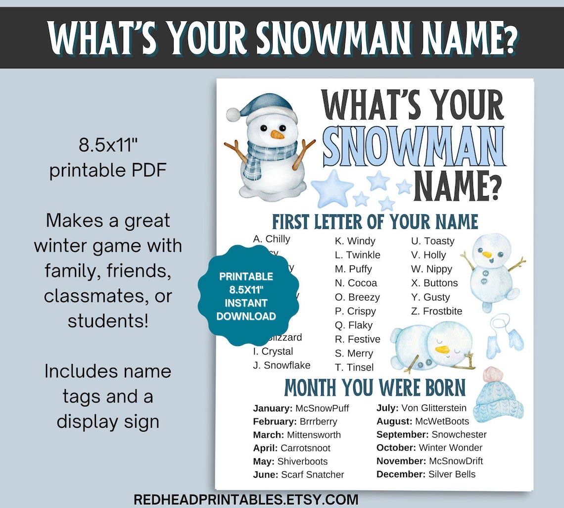 Whats Your Snowman Name Printable Game, Christmas Printable Game ...