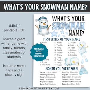 Whats Your Snowman Name Printable Game, Christmas Printable Game ...