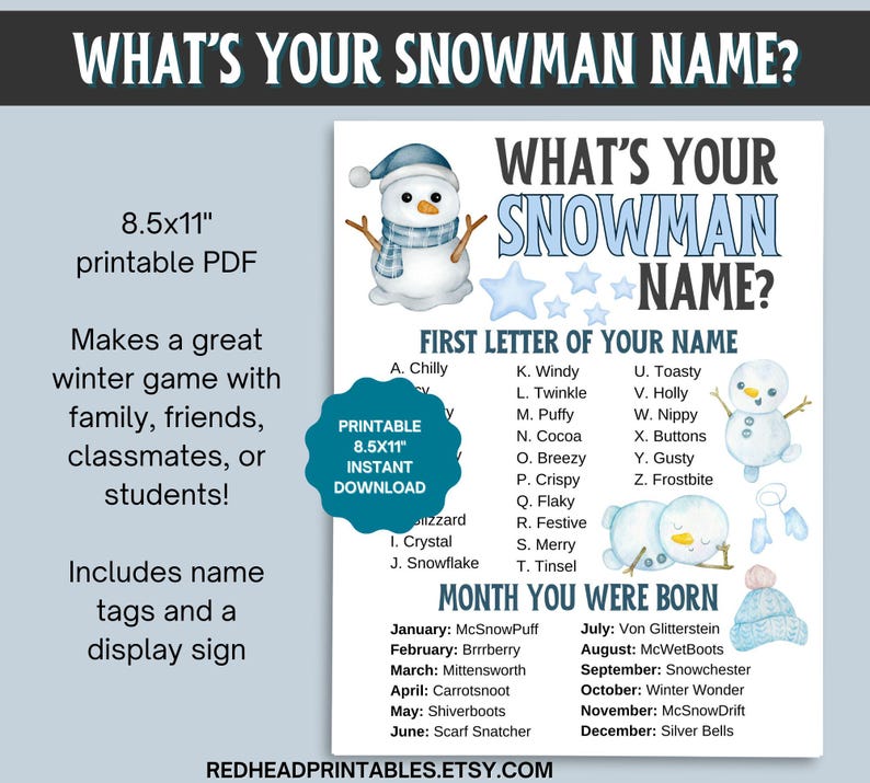 Whats Your Snowman Name Printable Game, Christmas Printable Game ...