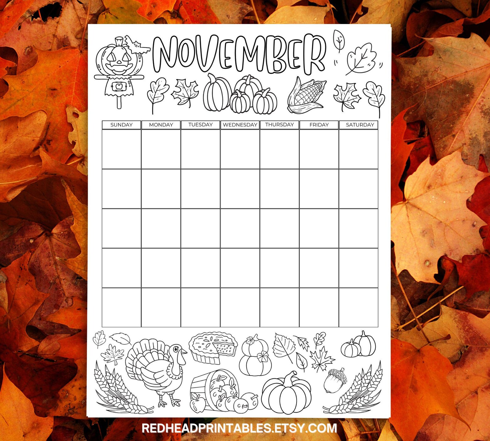 November Coloring Calendar Page UNDATED, Printable Thanksgiving ...