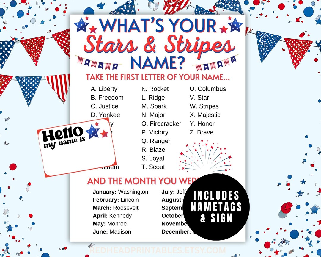 Whats Your Stars and Stripes Name Game Printable, Patriotic Game, 4th ...