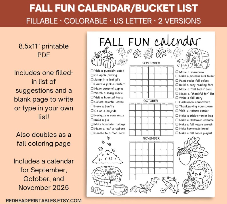 Fall Bucket List Calendar Fillable Printable, Fall Fun Calendar, Fall ...