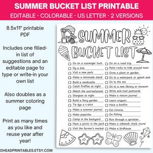 Summer Bucket List Printable Coloring Page, Editable Bucket List for ...