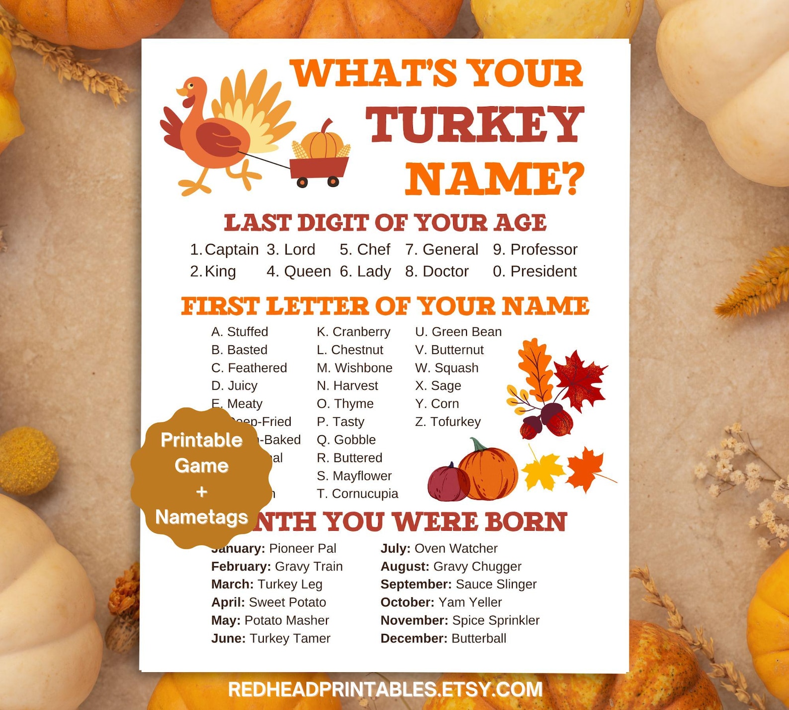 Whats Your Turkey Name Printable Game, Thanksgiving Game Printable ...
