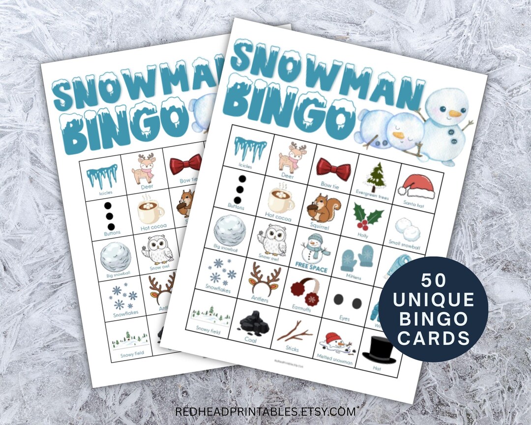Snowman Bingo Game Printable With 50 Cards, Chips, Instructions ...