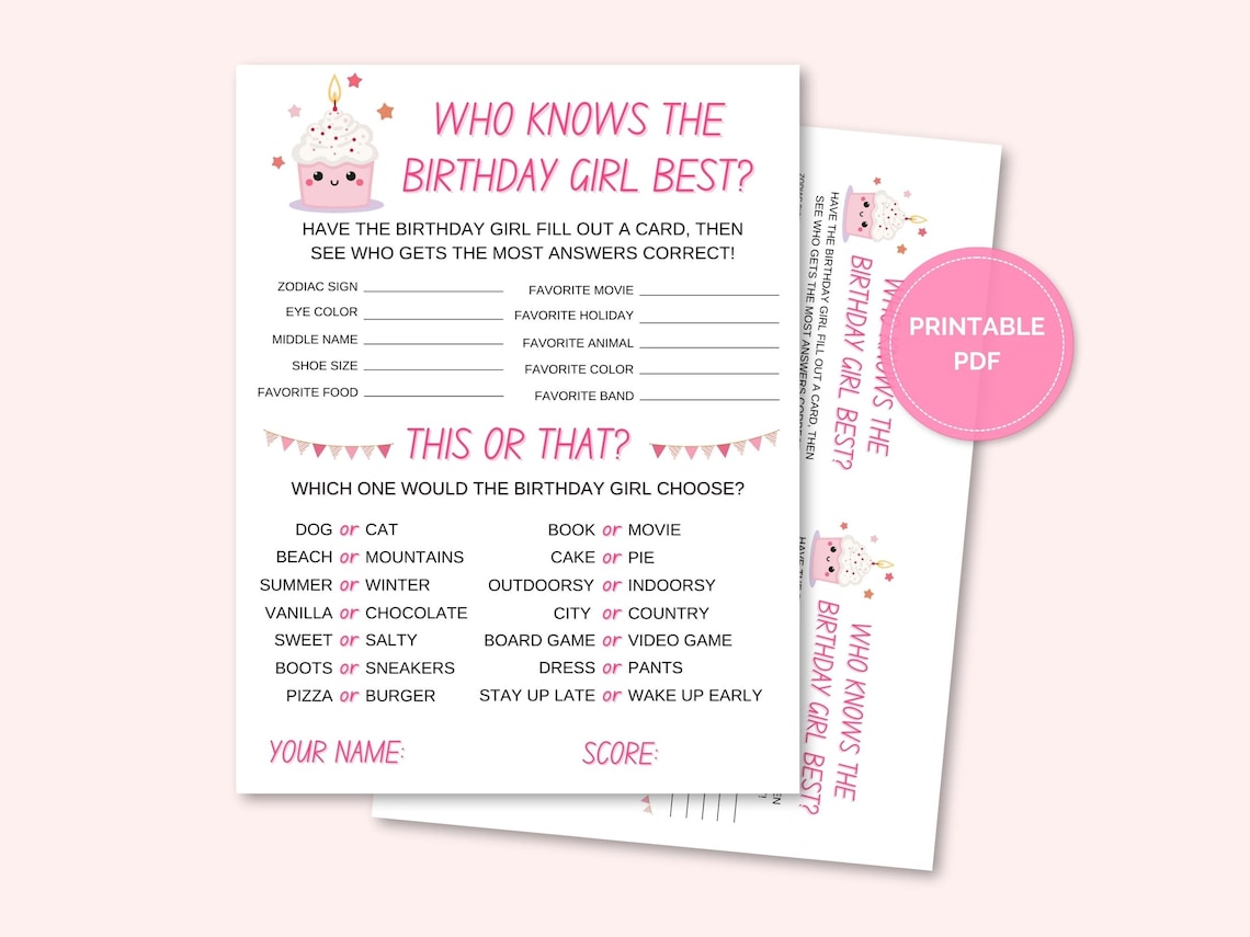 Who Knows the Birthday Girl Best Trivia Game, Girls Birthday Party Game ...