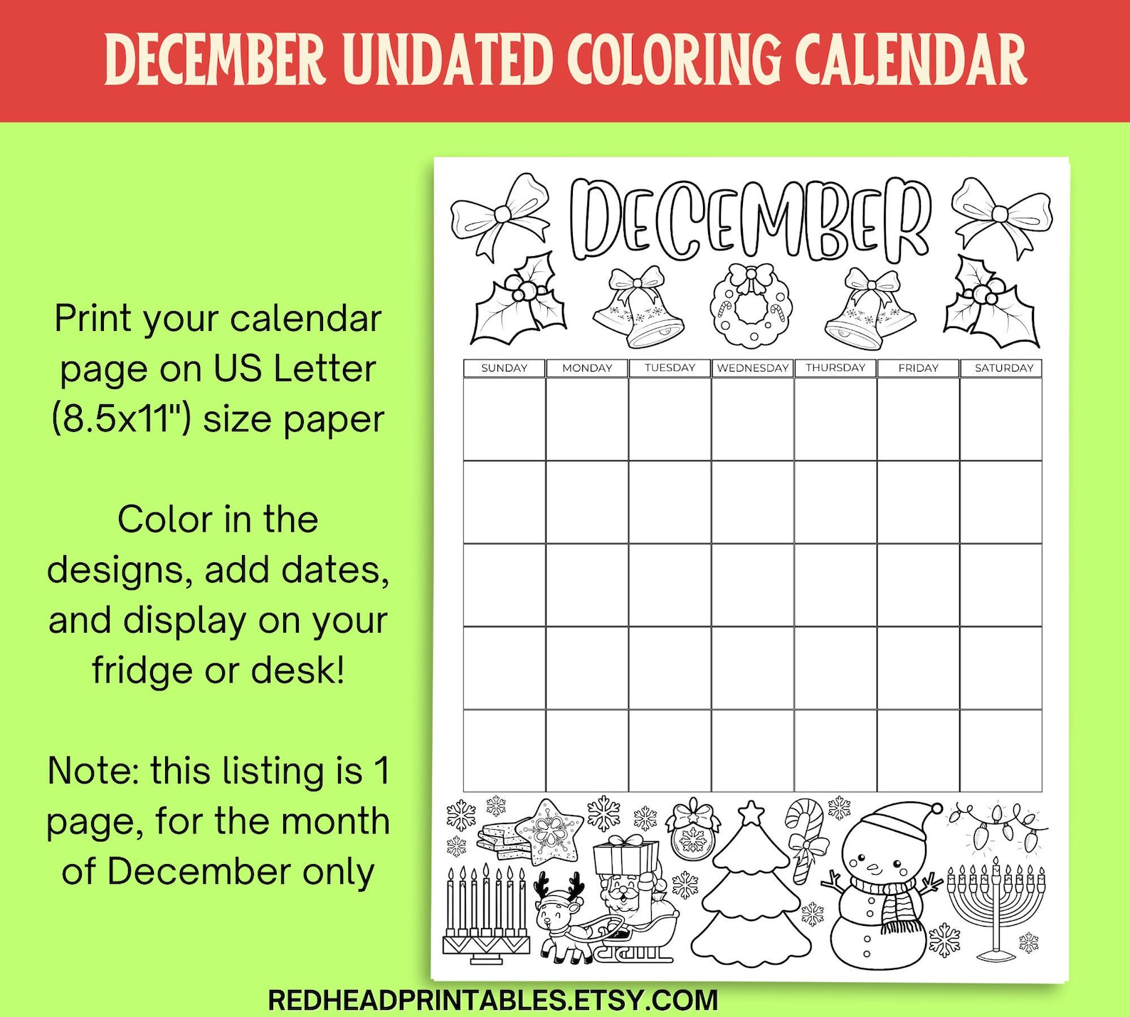 December Coloring Calendar Printable Undated, Christmas Coloring ...