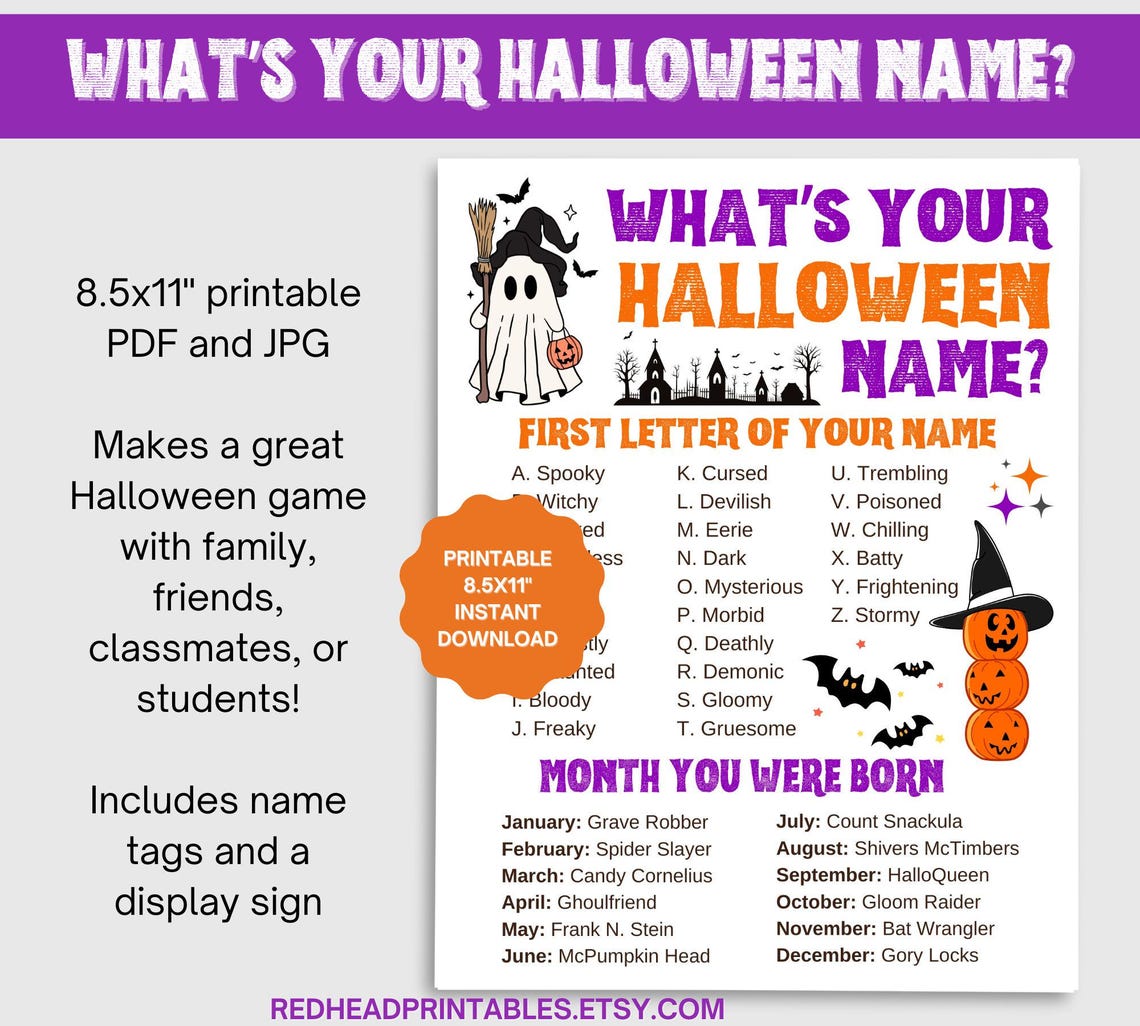 Halloween Party Game Printable, Whats Your Halloween Name Game, Funny ...