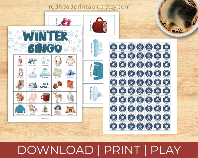 Winter Bingo Game Printable With 50 Cards, Chips, Instructions, Calling ...