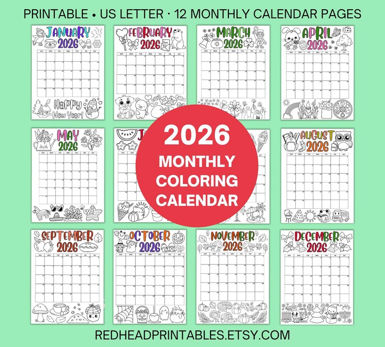 2026 Coloring Calendar 12 Month Bundle, Monthly 2026 Colorable Calendar ...