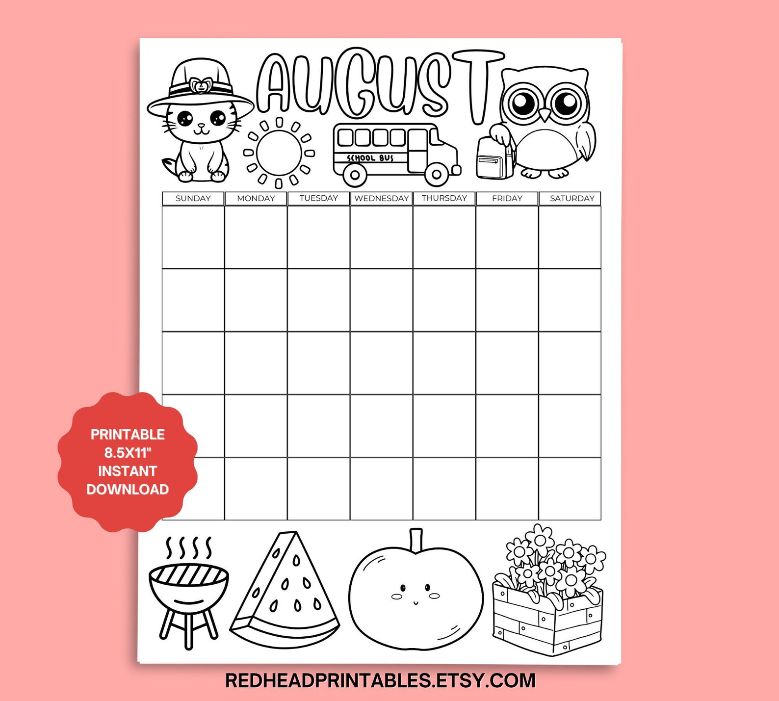August Coloring Calendar Printable, Undated Colorable Calendar Page ...