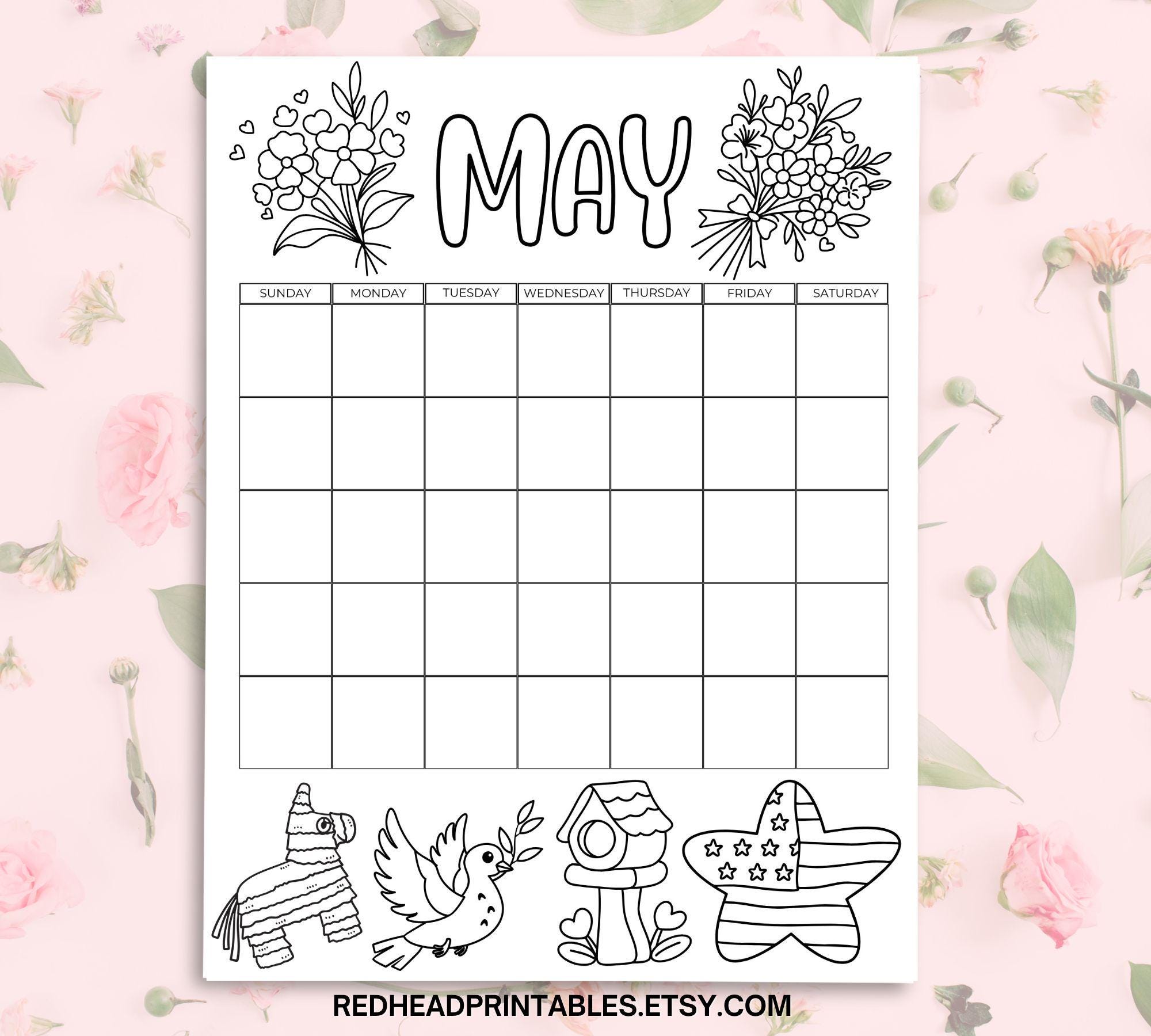 May Undated Coloring Calendar Printable, Monthly Colorable Calendar ...