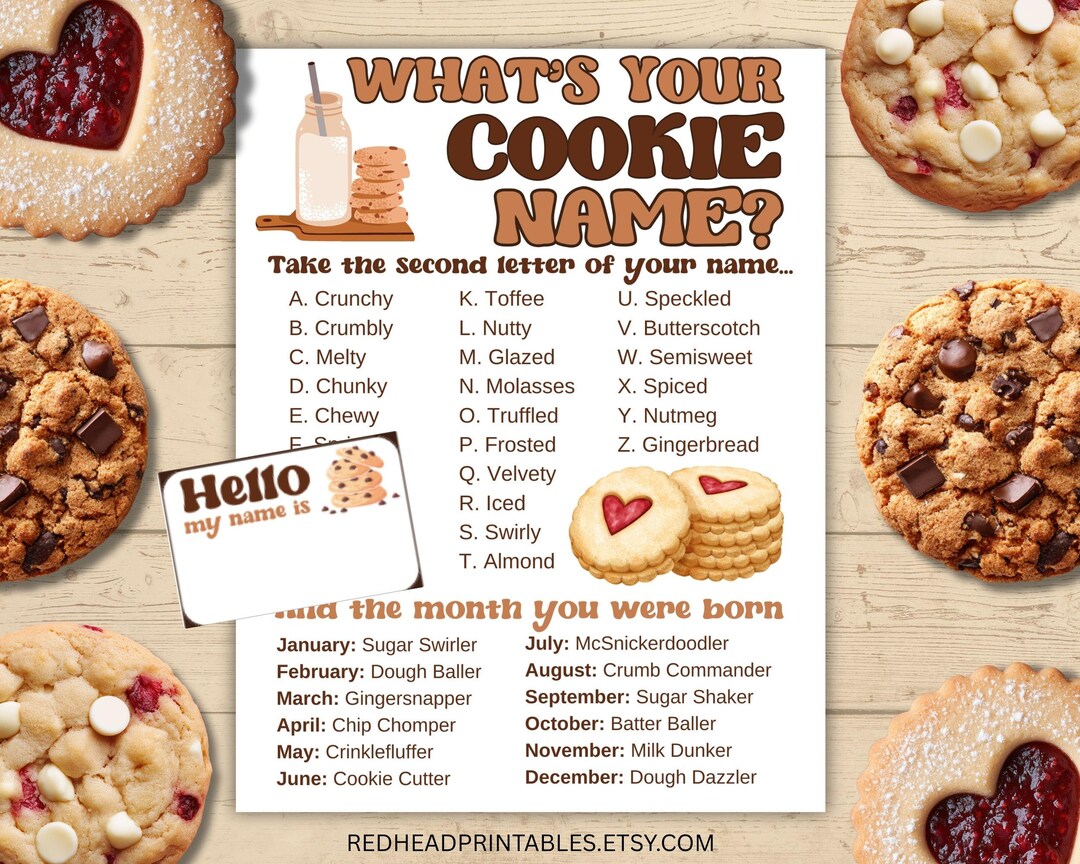 Whats Your Cookie Name Game Printable, Cookie Party Game, Bake Sale ...