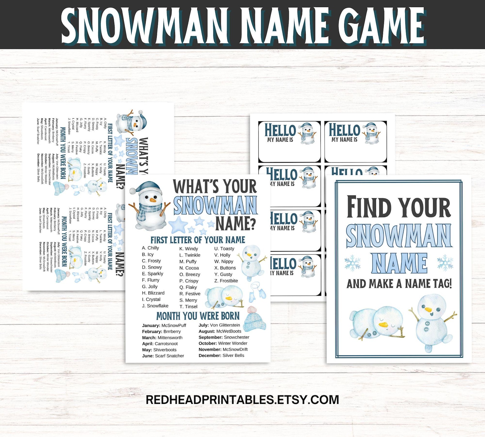 Whats Your Snowman Name Printable Game, Christmas Printable Game ...