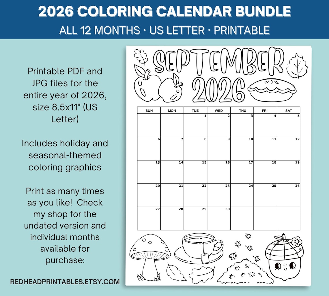 2026 Coloring Calendar 12 Month Bundle, Monthly 2026 Colorable Calendar ...