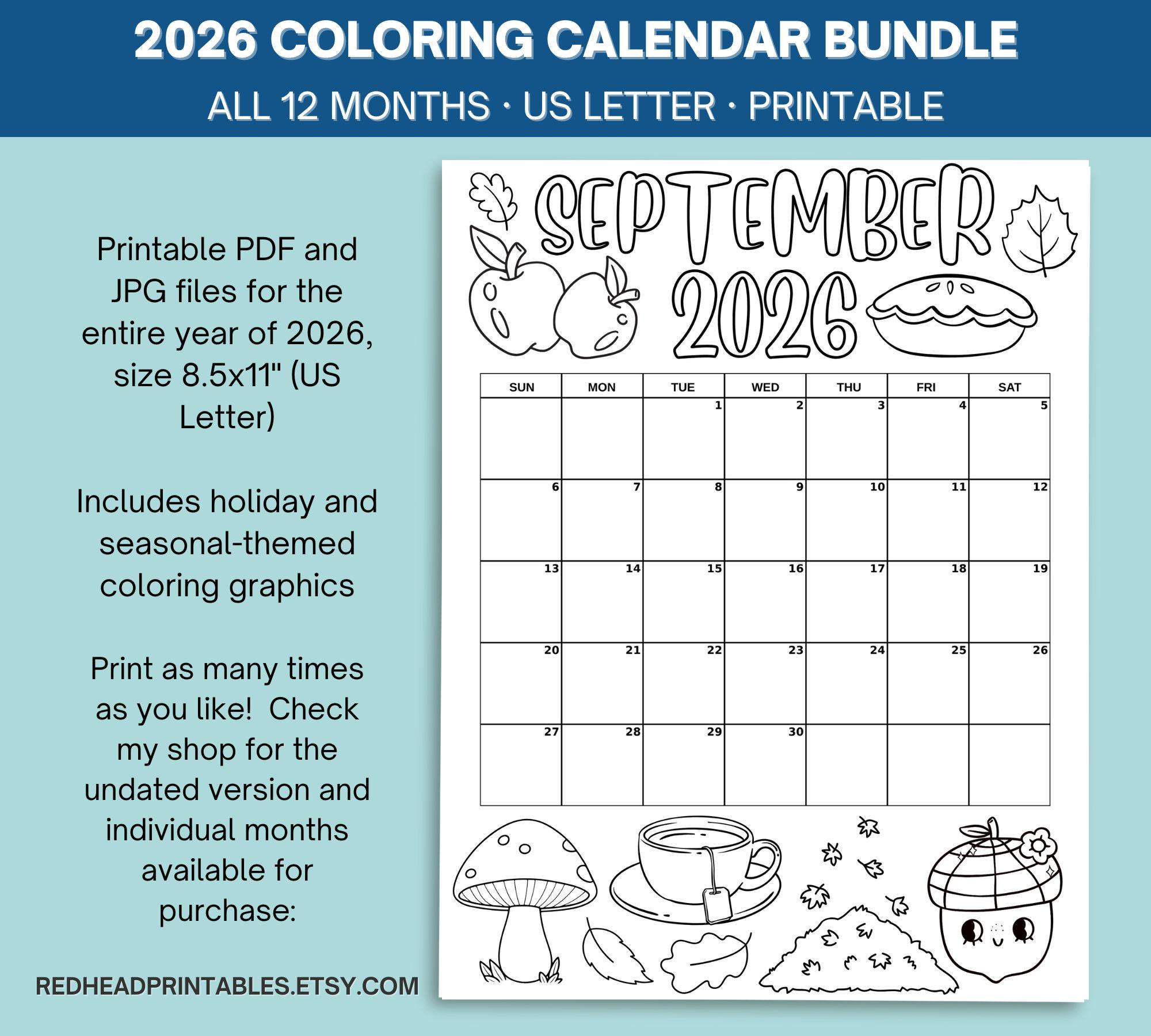 2026 Coloring Calendar 12 Month Bundle, Monthly 2026 Colorable Calendar ...