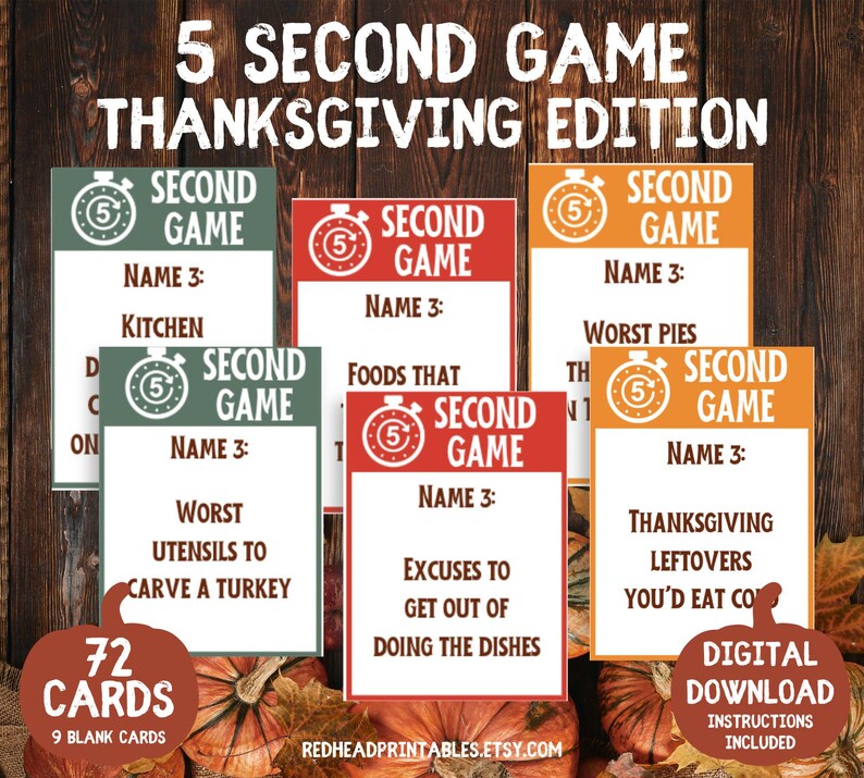 Thanksgiving 5 Second Game Printable, Thanksgiving Party Game, Holiday ...