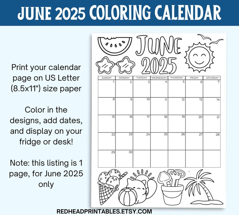June 2025 Coloring Calendar Printable, June Colorable Monthly Calendar ...