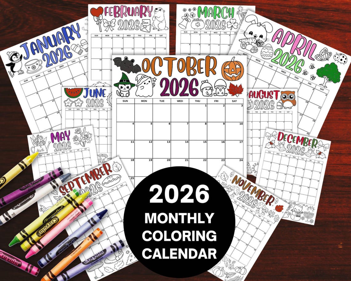 2026 Coloring Calendar 12 Month Bundle, Monthly 2026 Colorable Calendar ...