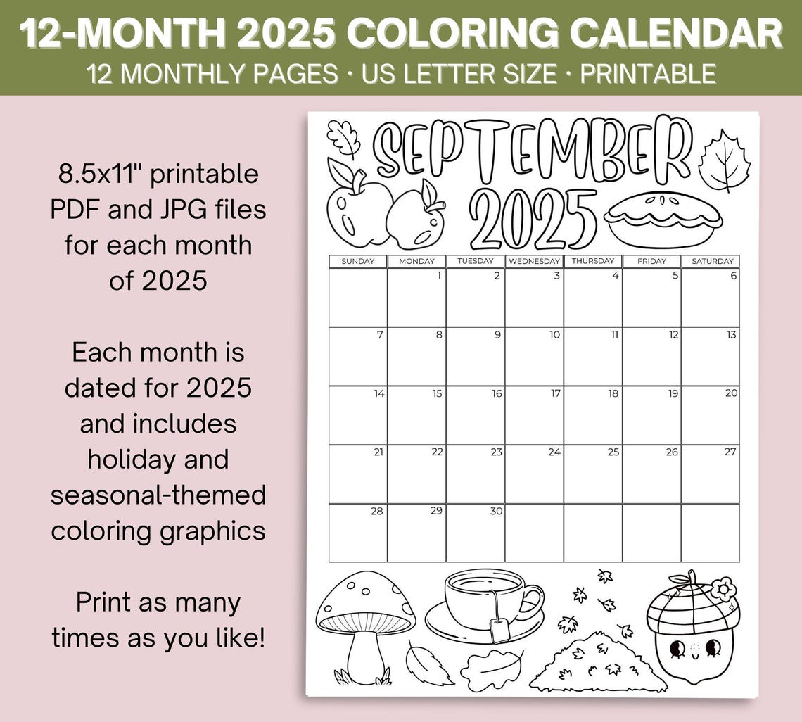 2025 Coloring Calendar 12 Month Bundle, Monthly 2025 Colorable Calendar ...