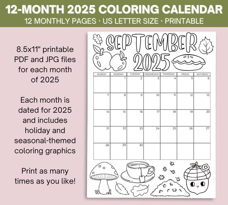 2025 Coloring Calendar 12 Month Bundle, Monthly 2025 Colorable Calendar ...