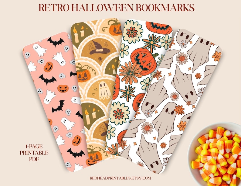 Cute Halloween Bookmarks Printable, Retro Halloween Bookmarks, Spooky ...