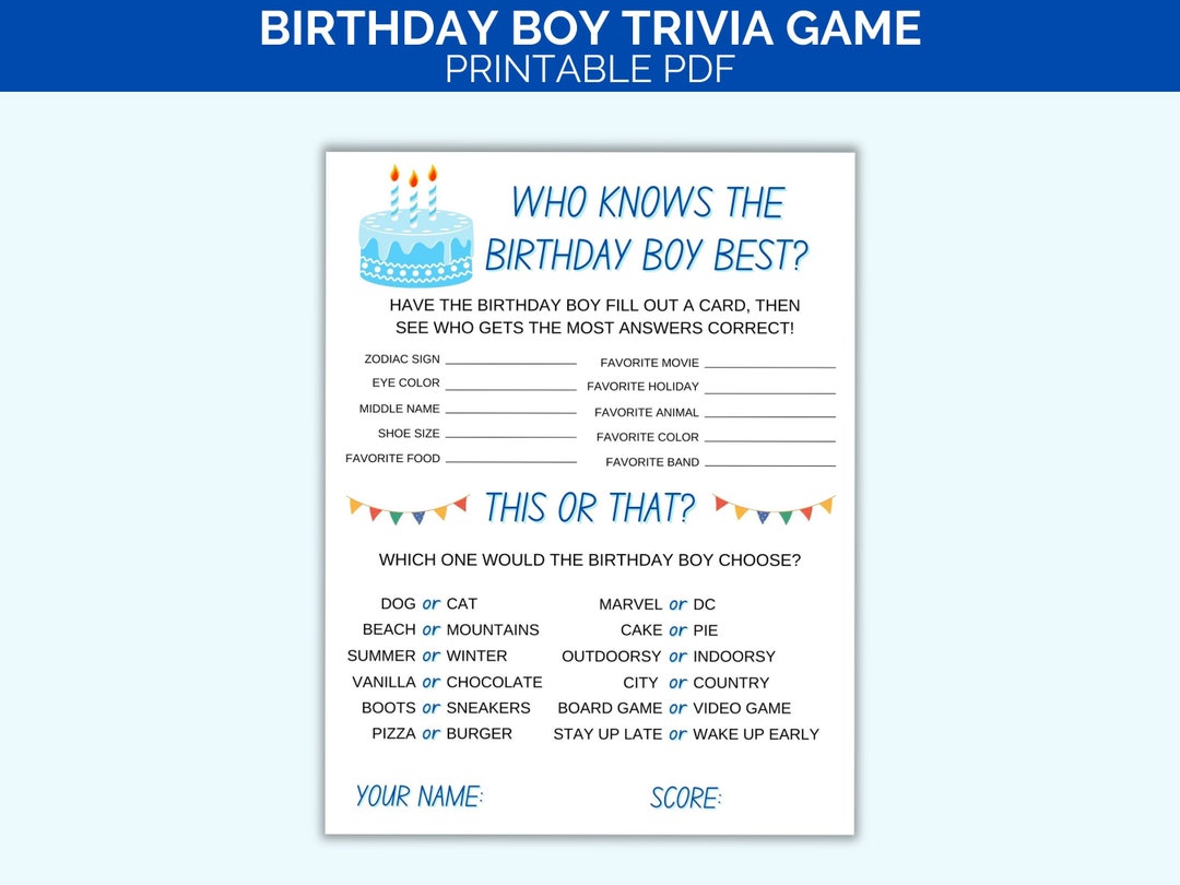 Who Knows the Birthday Boy Best Trivia Game, Boys Birthday Party Game ...