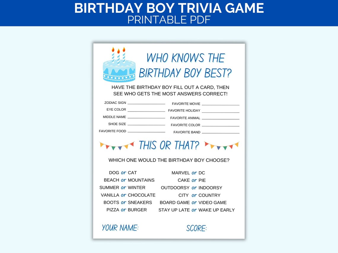 Who Knows the Birthday Boy Best Trivia Game, Boys Birthday Party Game ...