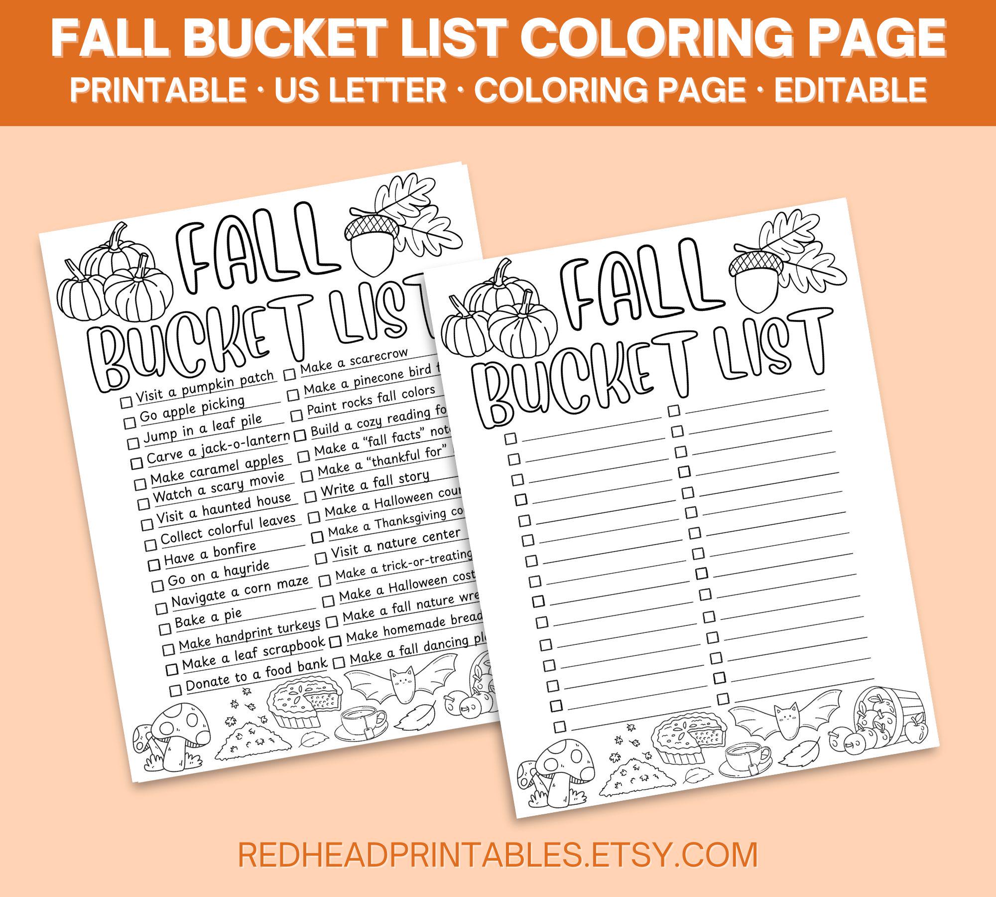 Fall Bucket List Printable Coloring Page, Autumn Bucket List for Kids ...